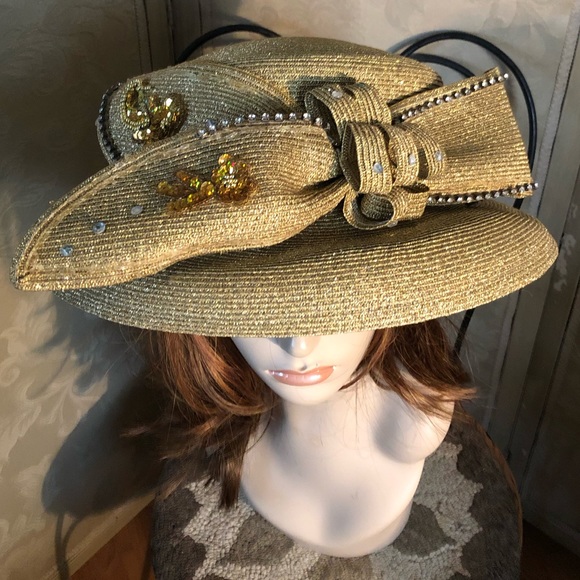 Vintage | Accessories | Vintage Wide Brim Embellished Gold Metallic Hat ...